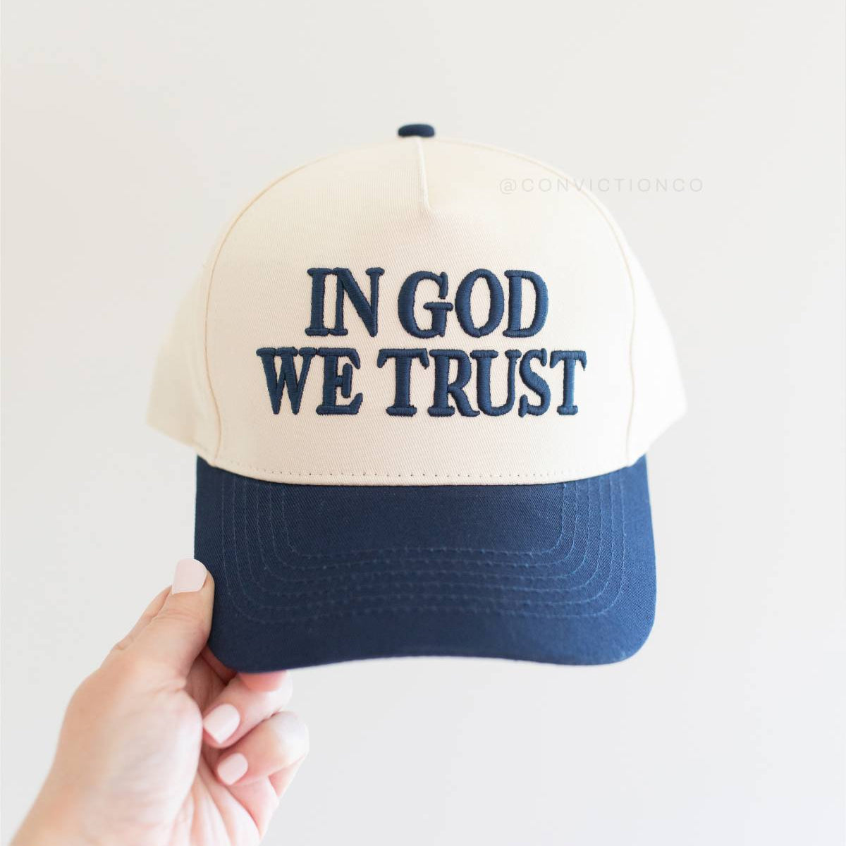 In God We Trust Unisex Hat - Off White & Navy Blue – Conviction Co